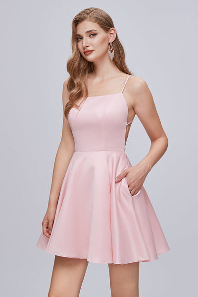 Spaghetti Strap A Line Backless Short Homecoming Dresses