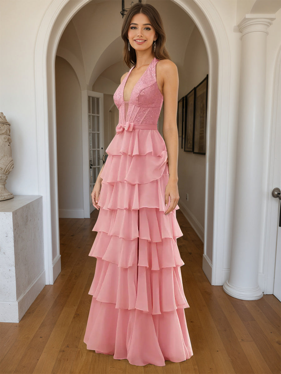Cicinia Pink Prom Dresses Long Halter A-line Chiffon Backless Layered