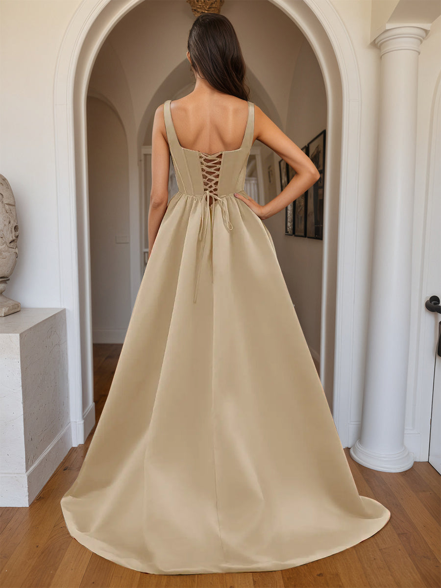 Cicinia Champagne Prom Dresses Long A-line Satin Square Neckline Prett