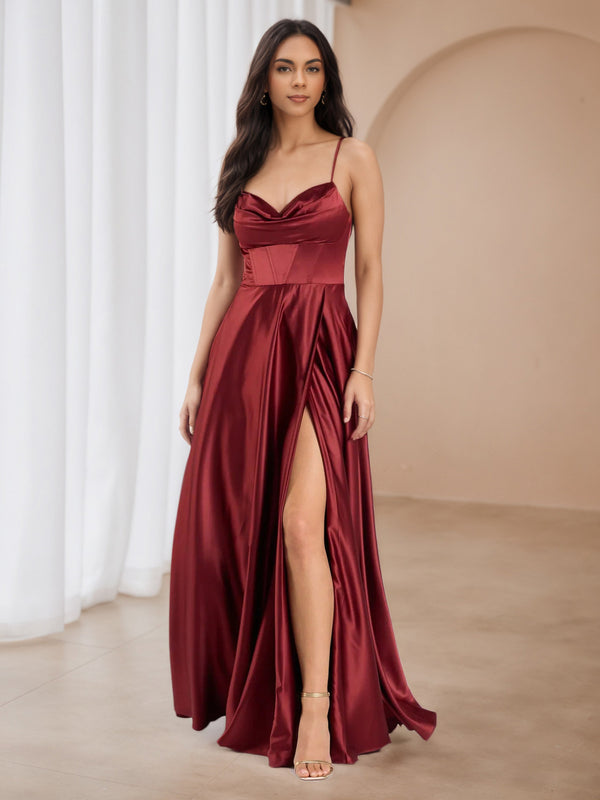 A-Line Spaghetti Straps Burgundy Split Prom Dresses