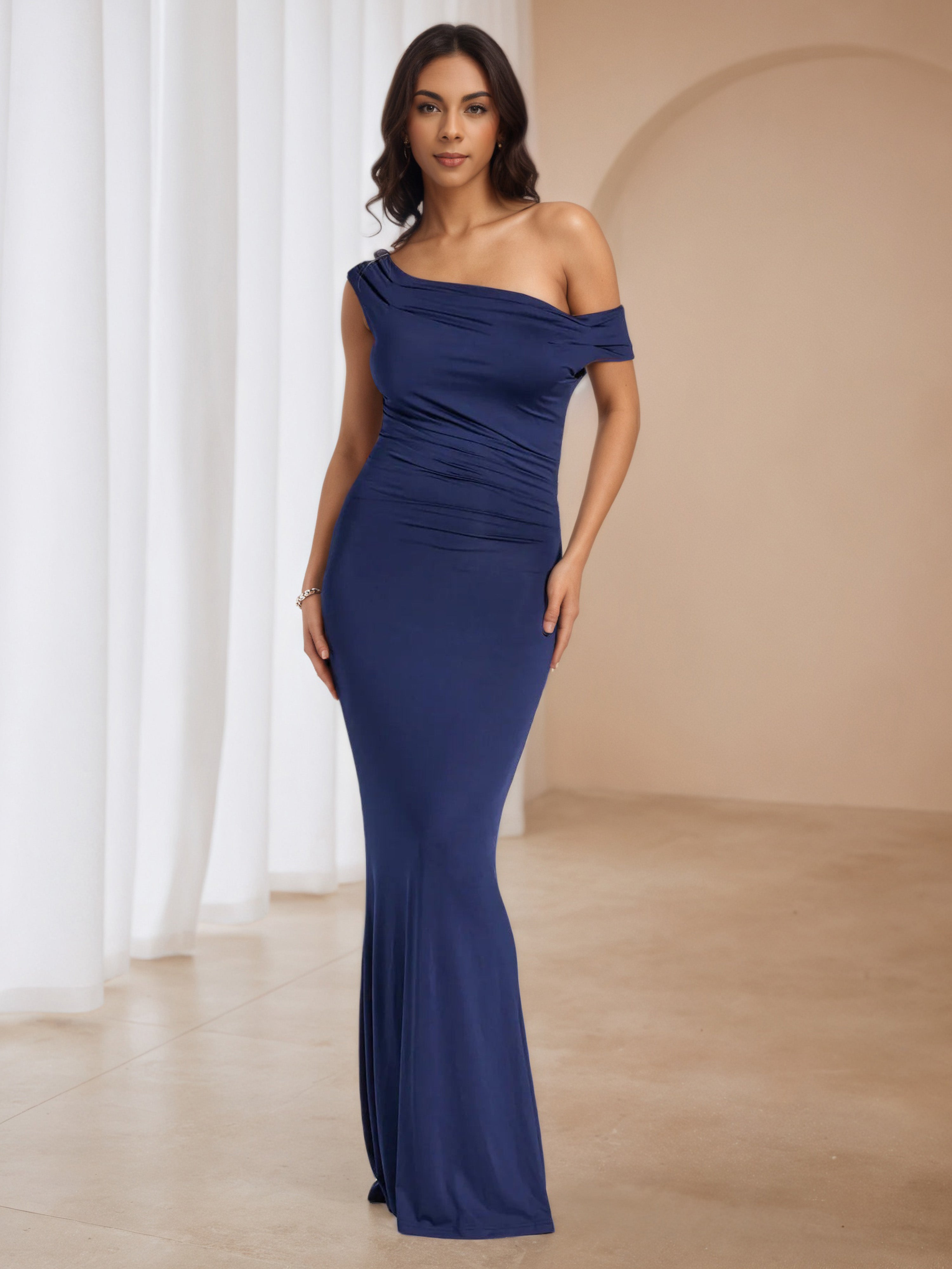 One Shoulder Dark Navy Formal Dresses
