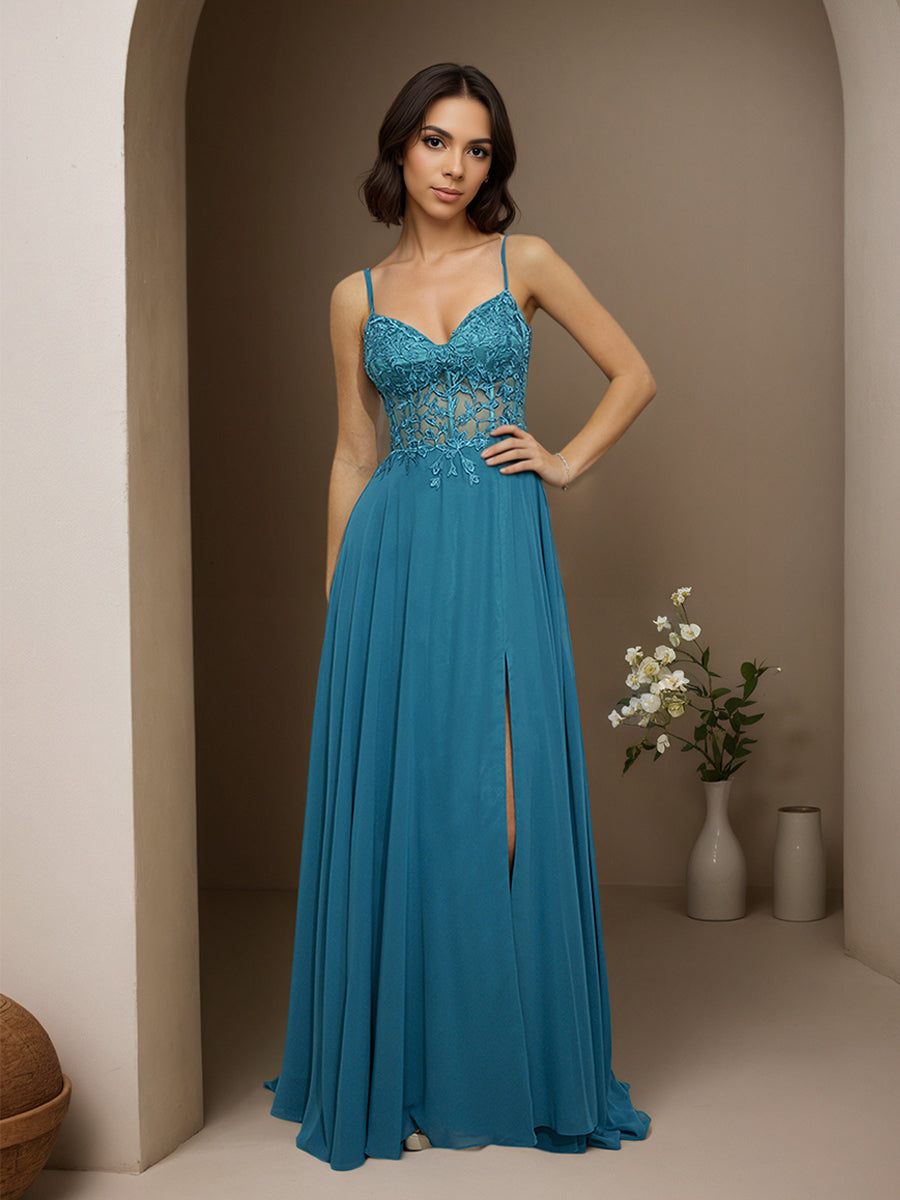 Cicinia Ink Blue Prom Dresses Long Chiffon A-line Appliques Lace Sweep