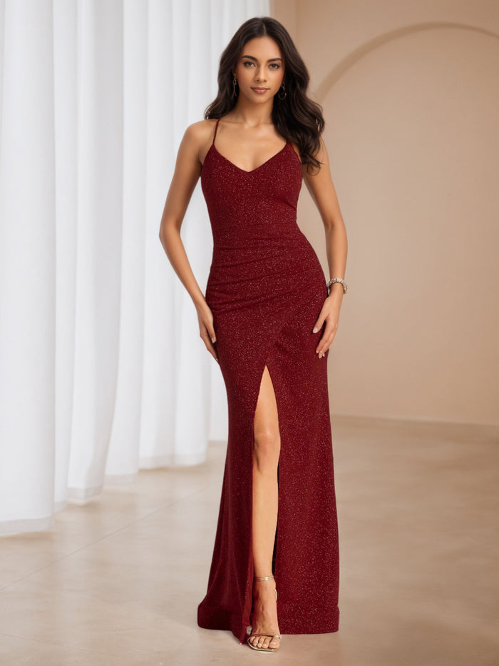 Glitter Burgundy Criss-Cross Straps Prom Dresses