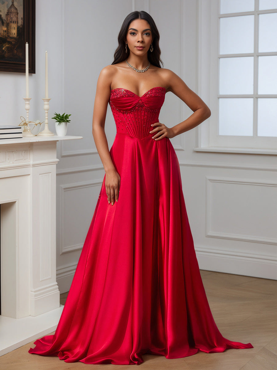 Pretty Sweep Train A-line Beaded Red Long Prom Dress