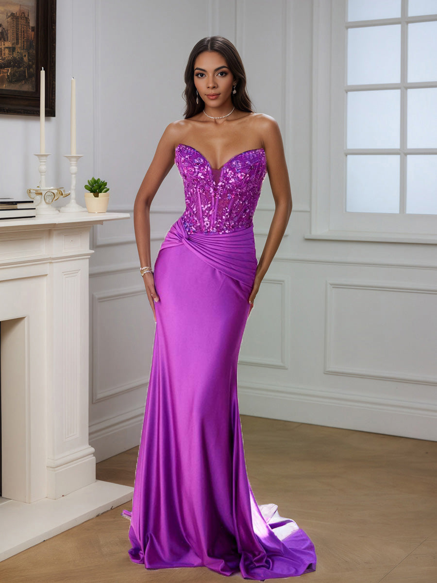 Pretty Purple Strapless Beading Sheath Sweep Train Long Prom Dress
