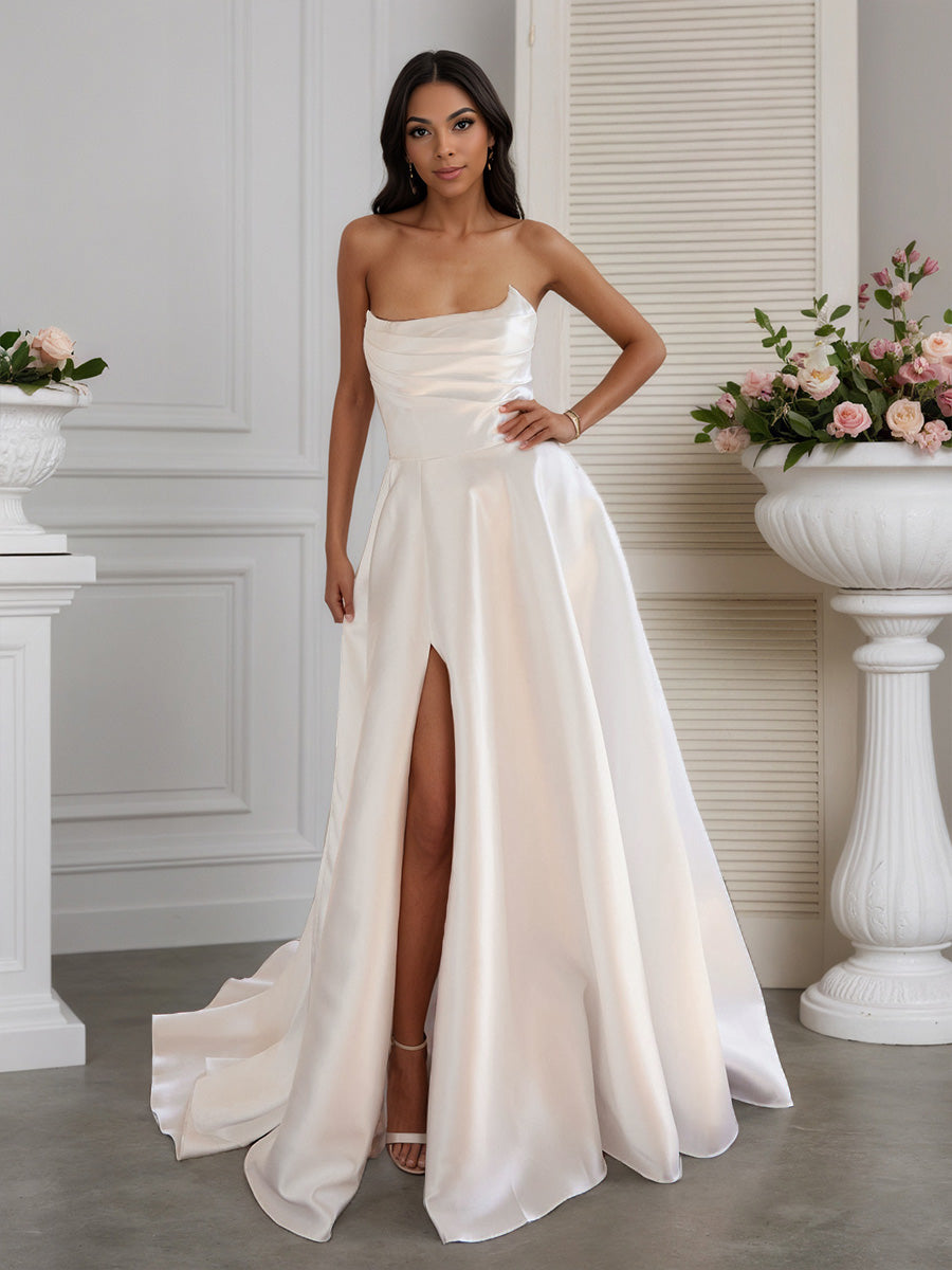 Simple Ivory A Line Side Split Strapless Wedding Dress