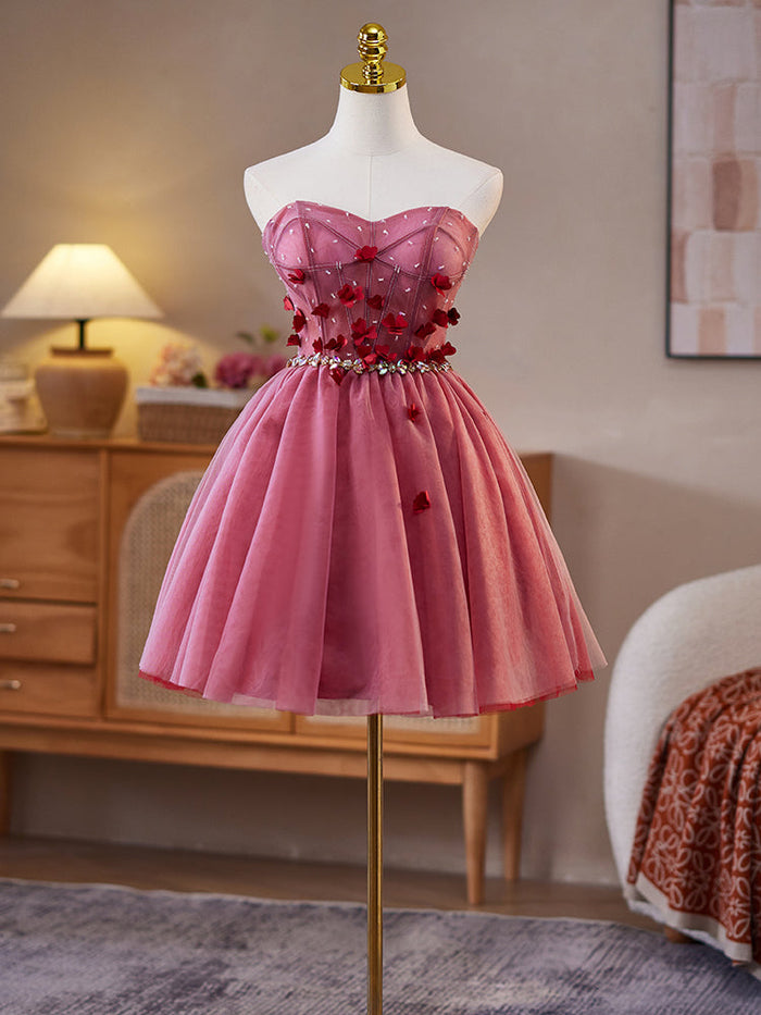 Sweetheart Strapless 3D Flower Bodice Mesh Homecoming Dress with Beadi
