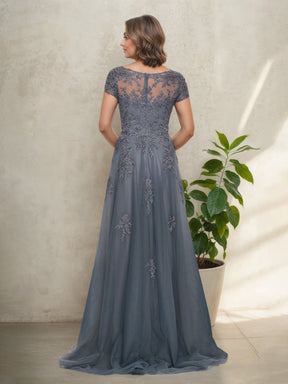Slate Blue Lace Short Sleeves V-Neck Mother Of The Bride Dress