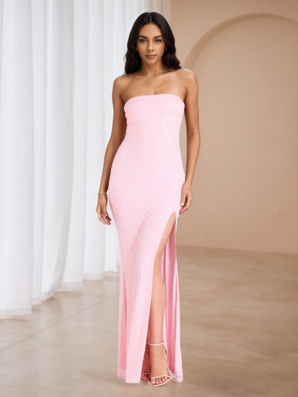 Strapless Candy Pink Sheath/Column Formal Dresses with Zipper Back