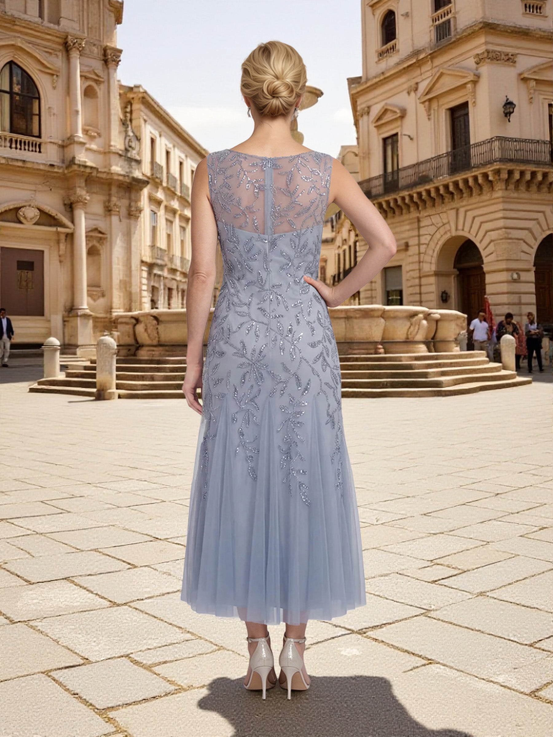Cicinia Dusty Blue Mother Of The Bride Dress Long Sequin Lace Tulle Sh