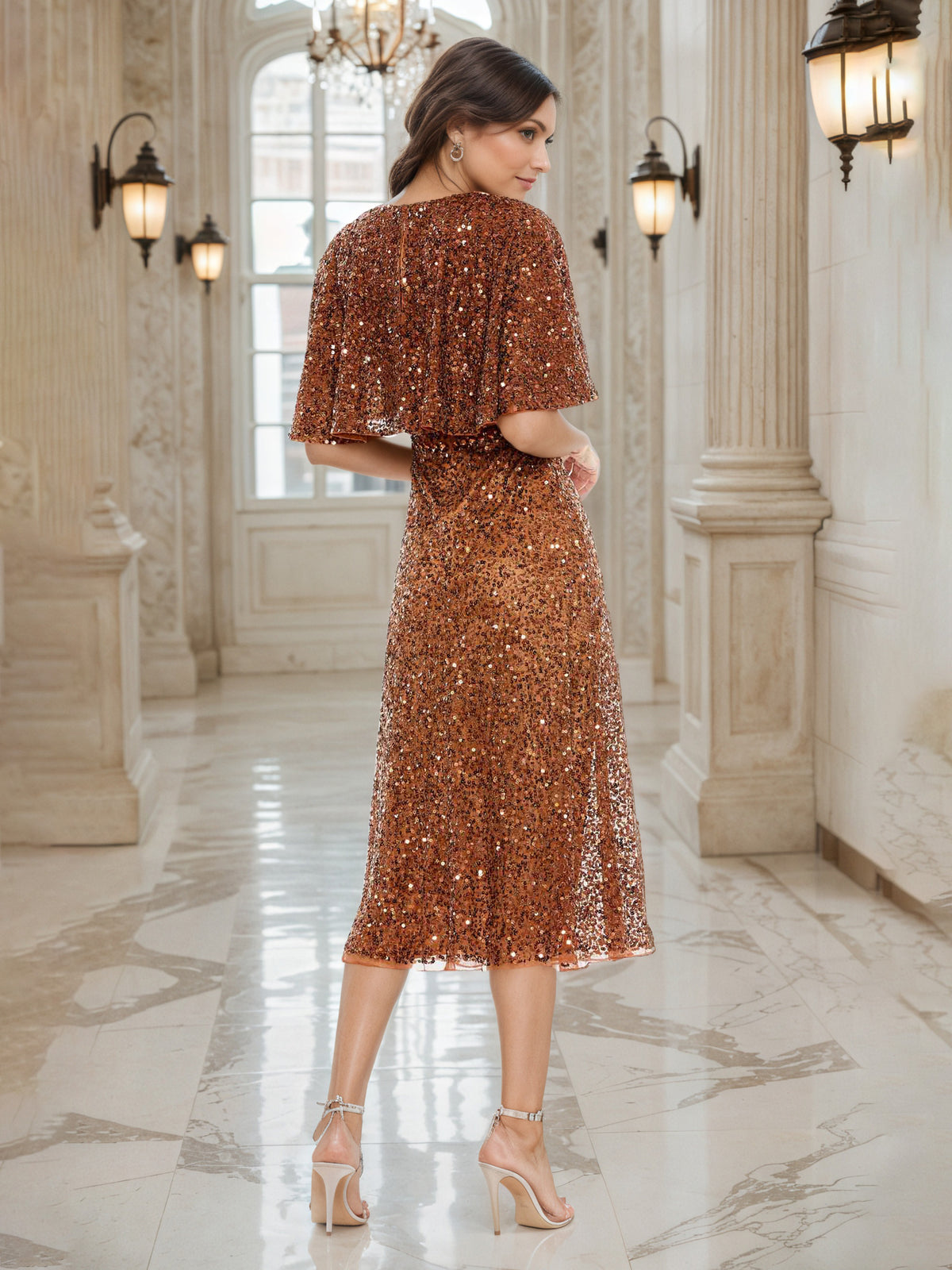 Terracotta Mother Of Bride Dress A-Line Embellished Waist Sequins Moth