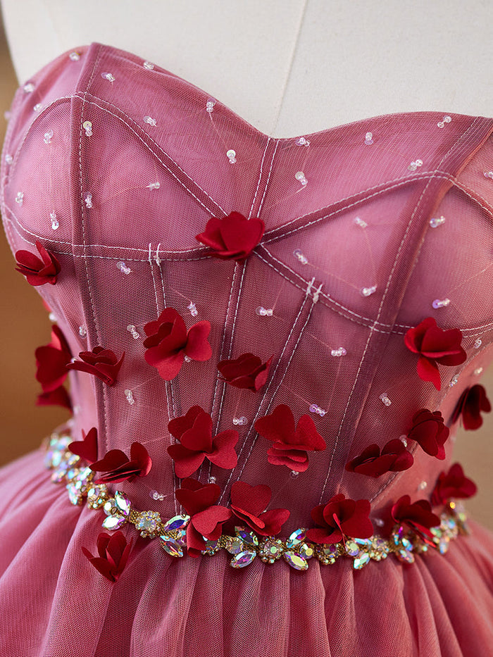Sweetheart Strapless 3D Flower Bodice Mesh Homecoming Dress with Beadi