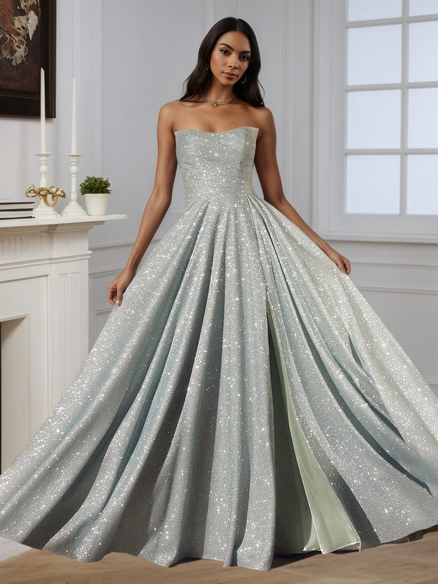 Graceful Silver Strapless A-line Slit Long Floor Length Prom Dress