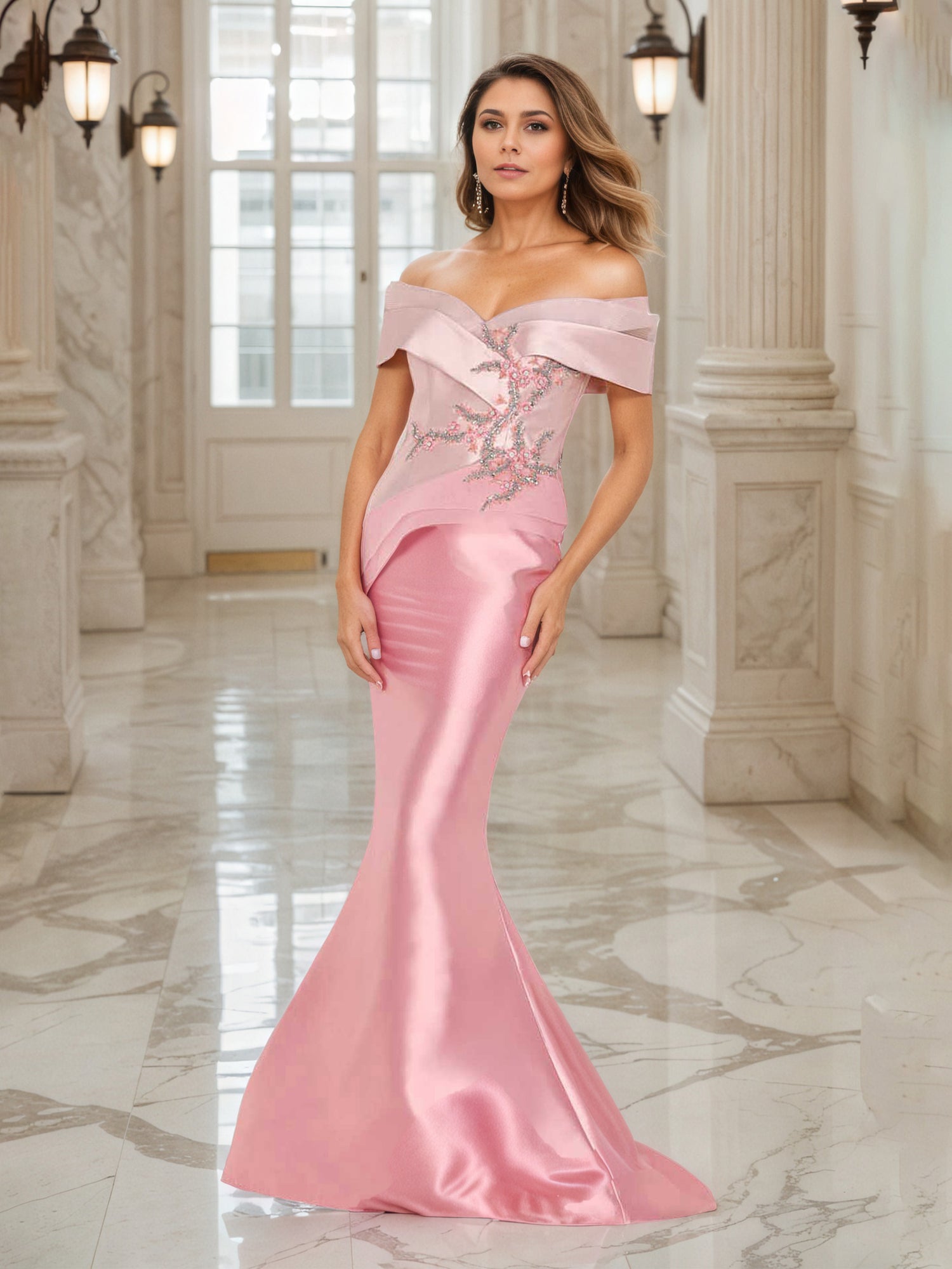 Flamingo Mother Of Bride Dress Off The Shoulder Beading Appliques Moth