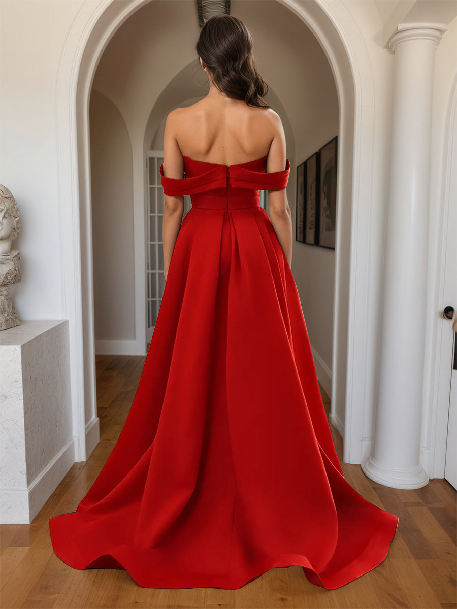 Cicinia Red Prom Dresses Long Sheath Soft Satin Slit Off The Shoulder