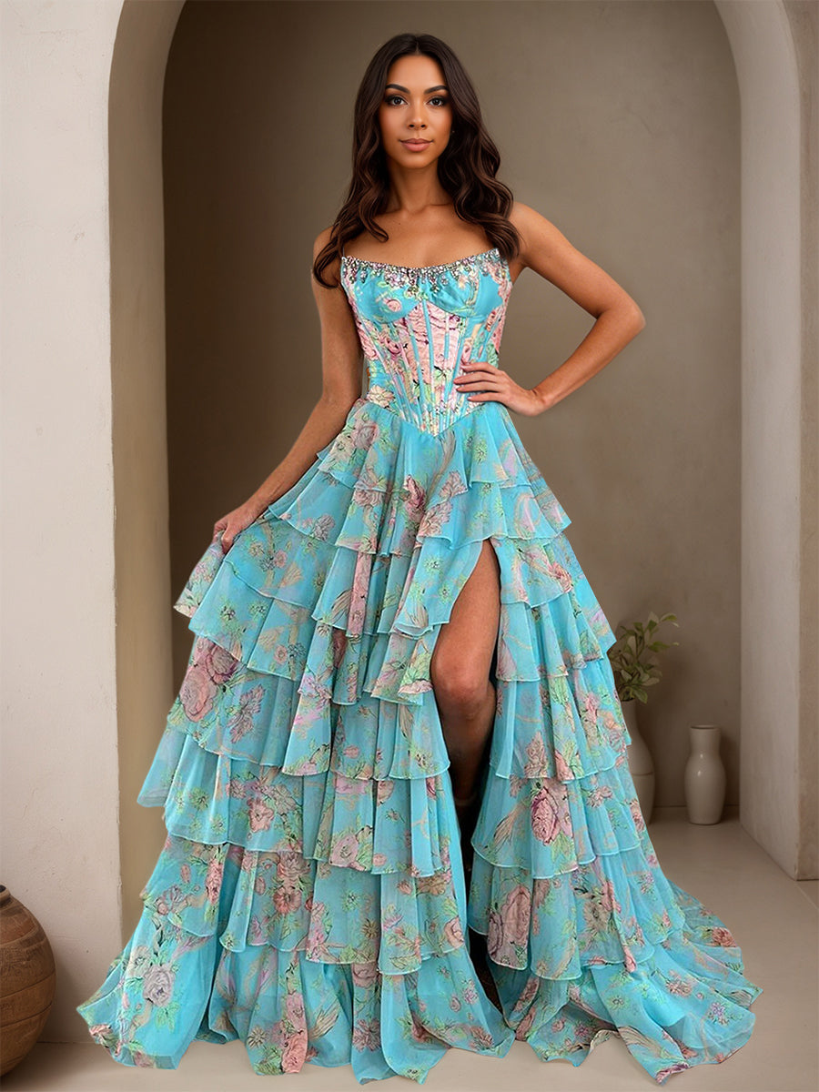 Cicinia Pool Prom Dresses Long Printed Fabric A-line Sleeveless Slit L