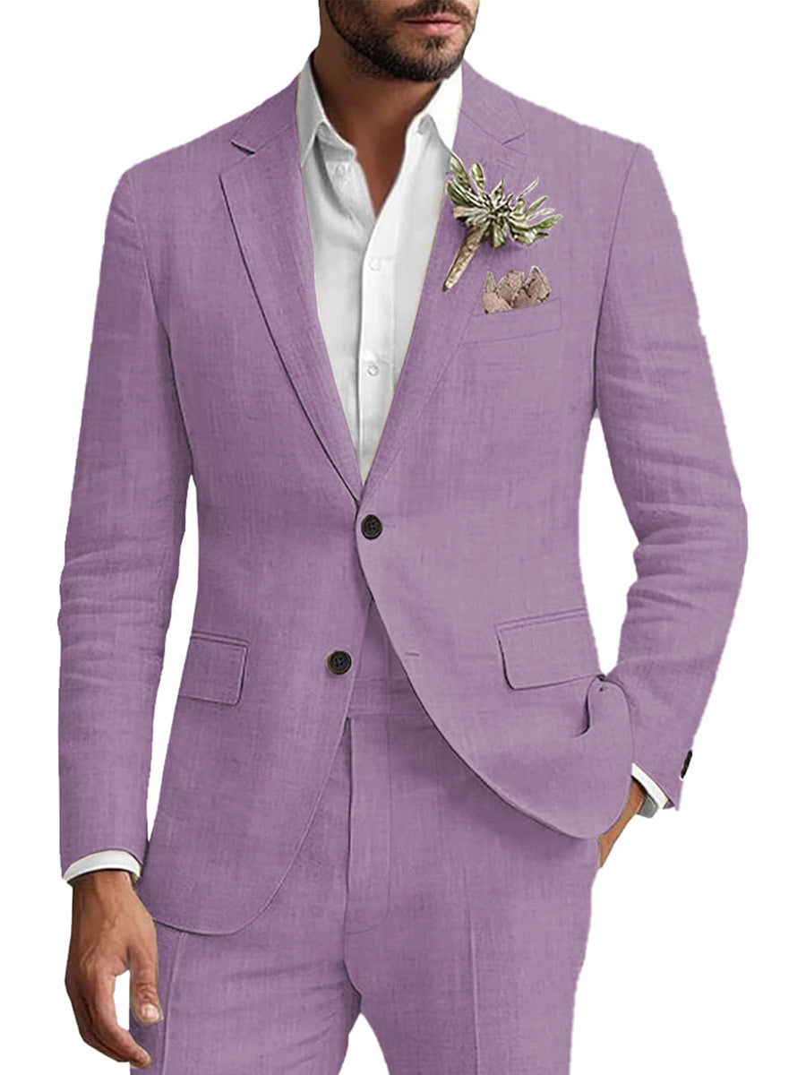 Casual Wisteria Solid Color Flax Slim Fit Men's Suits Single Breasted