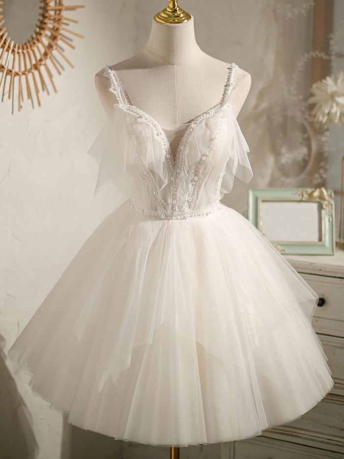 Ivory V Neck Spaghetti Straps Beading Short Homecoming Dresses