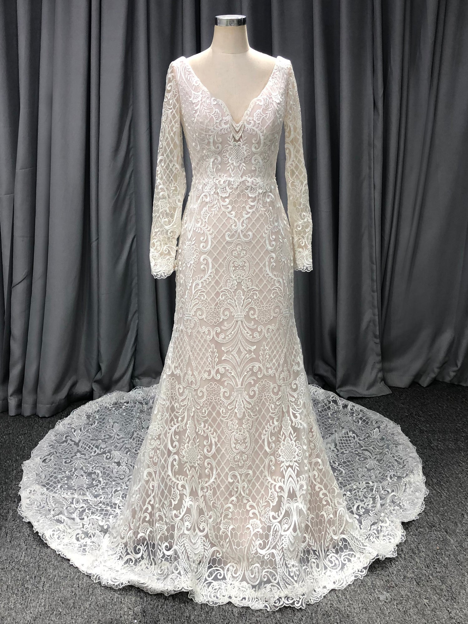 Lace With Beading V Neck and V back Long Sleeves Wedding Dress With Tr