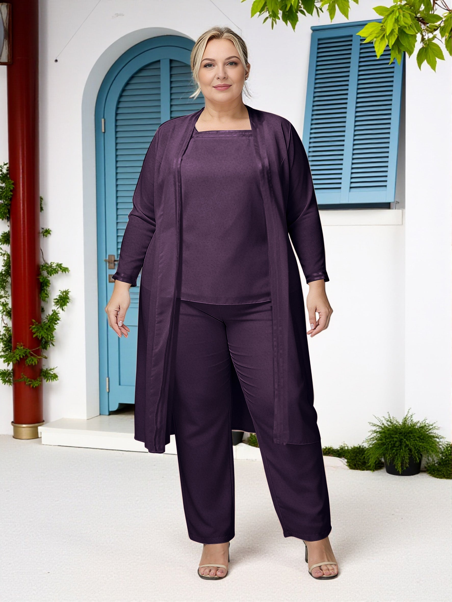 Cicinia Plum Plus Size Mother Of The Bride Pant Suits With Jacket Chif