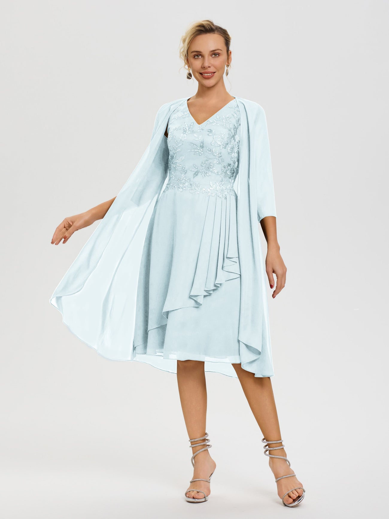 Mist Mother Of The Bride Dress 2 Pieces A Line V Neck Appliqued Knee L