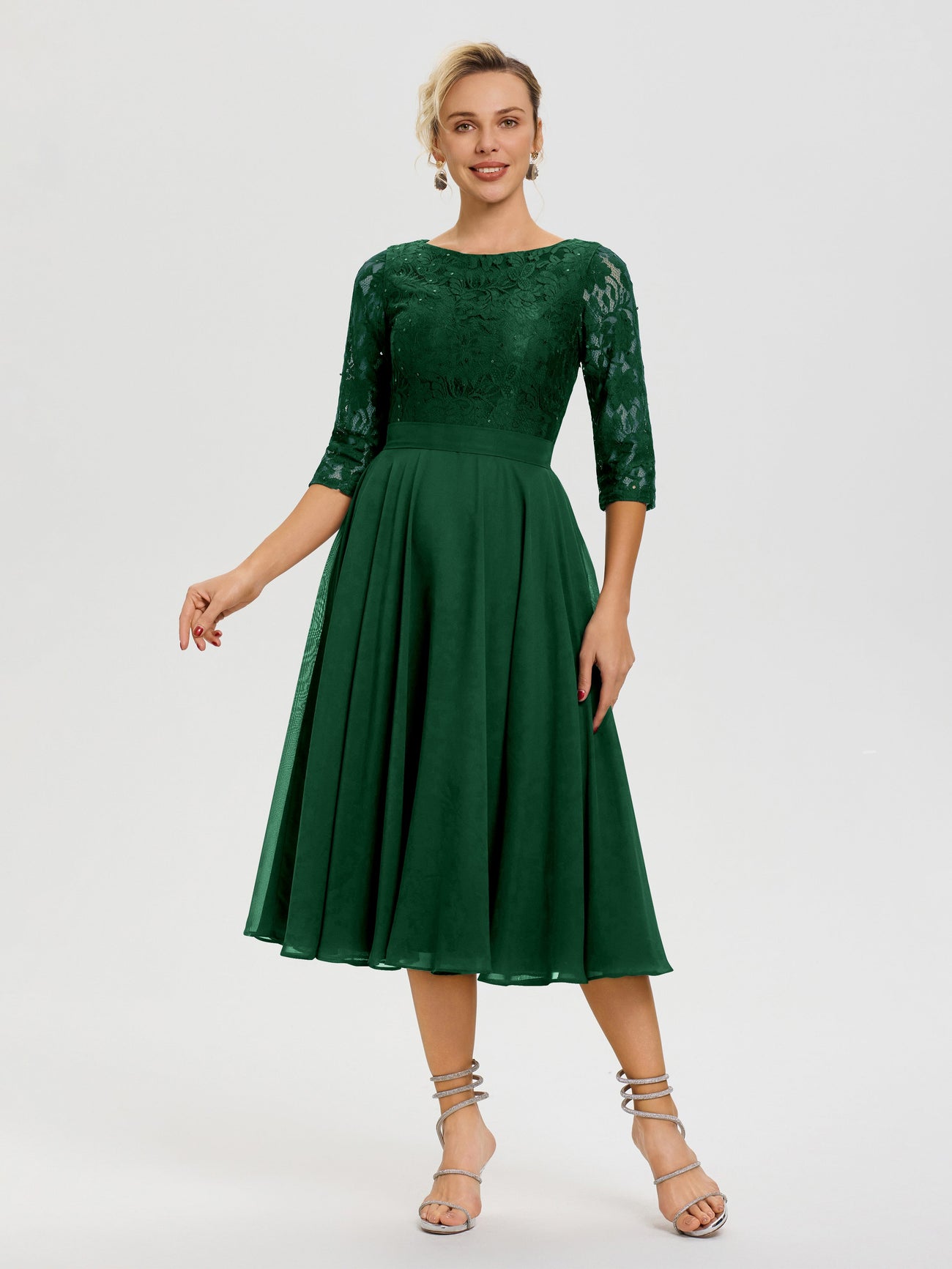 Dark Green Mother Of The Bride Dress A Line Lace Top Tea Length Chiffo