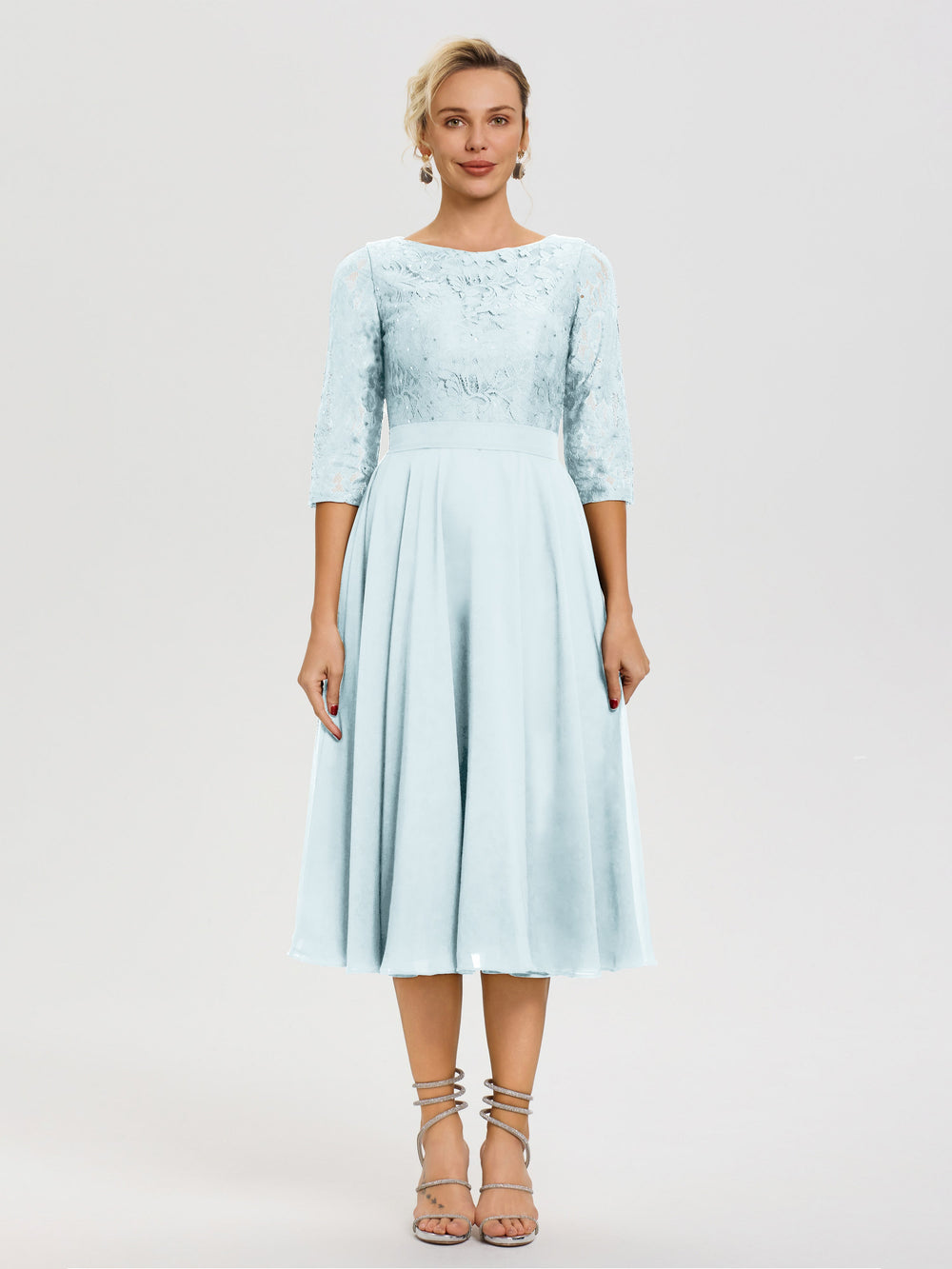 Mist Mother Of The Bride Dresses A Line Lace Top Tea Length Chiffon Mo