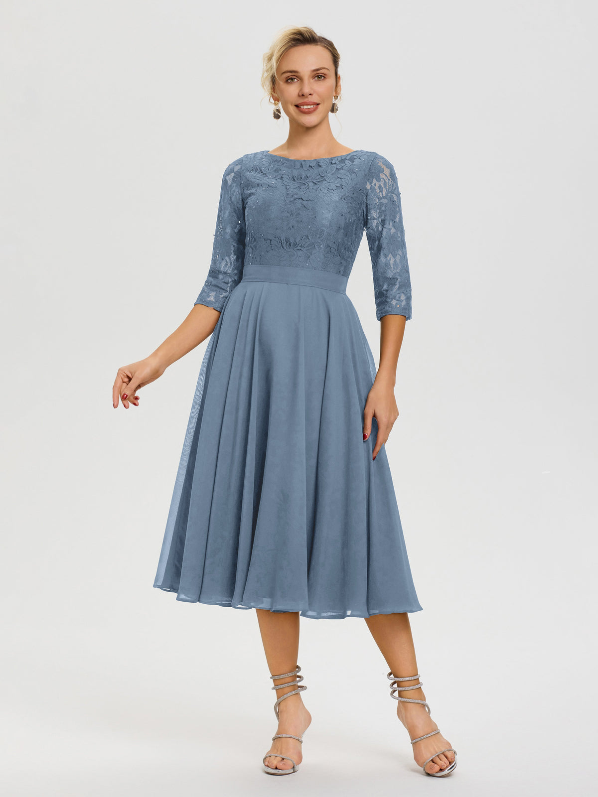 Slate Blue Dress Mother Of The Bride A Line Lace Top Tea Length Chiffo
