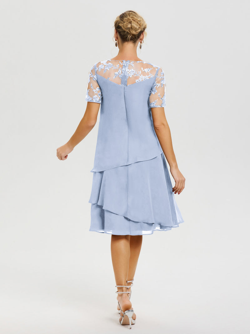 Sky Blue Mother Of The Bride Outfits A Line Illusion Neck Short Sleeve