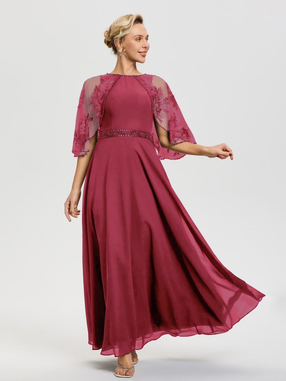 Cinnamon Rose Mother Of The Bride Dresses Beaded Cape-Sleeve Jewel Nec