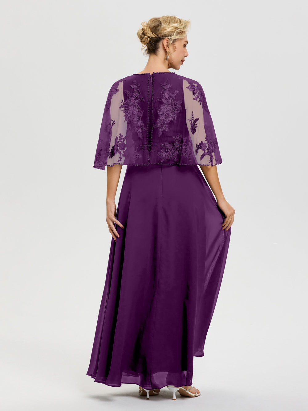 Mother Of The Bride Dresses Grape Beaded Cape-Sleeve Jewel Neck Chiffo