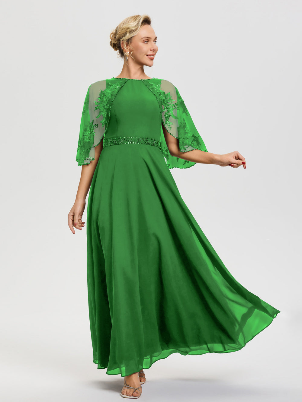 Mother Of The Bride Dress Green Beaded Cape-Sleeve Jewel Neck Chiffon