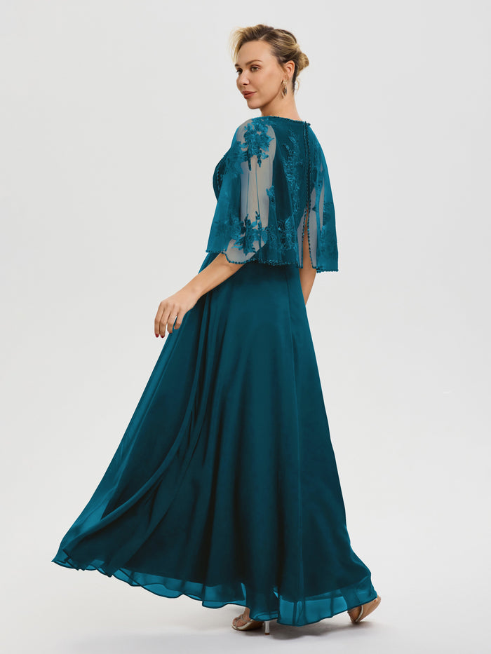 Ink Blue Mother Of The Bride Dress With Sleeves Beaded Cape-Sleeve Jew