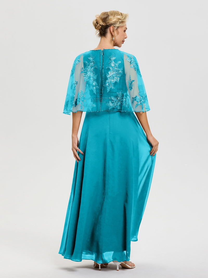 Jade Mother Of The Bride Dress Beaded Cape-Sleeve Jewel Neck Chiffon M