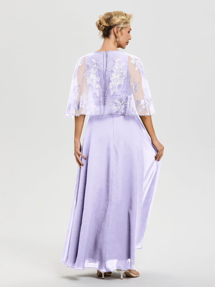 Mother Of The Bride Dress Lilac Beaded Cape-Sleeve Jewel Neck Chiffon
