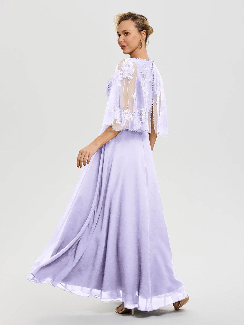 Mother Of The Bride Dress Lilac Beaded Cape-Sleeve Jewel Neck Chiffon
