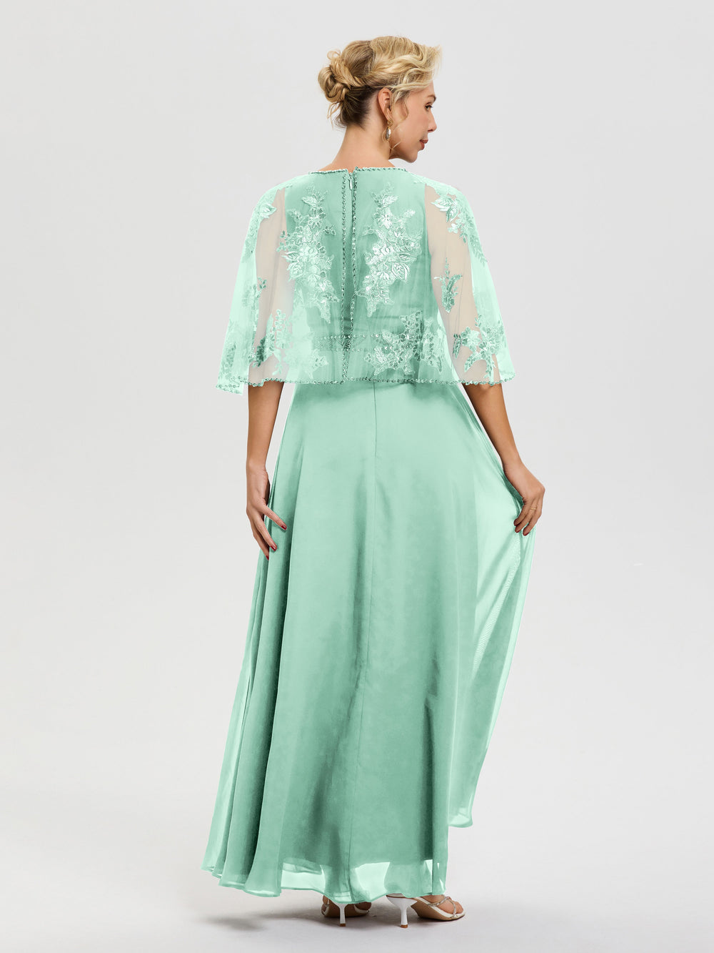 Mint Green Mother Of The Bride Dress Beaded Cape-Sleeve Jewel Neck Chi