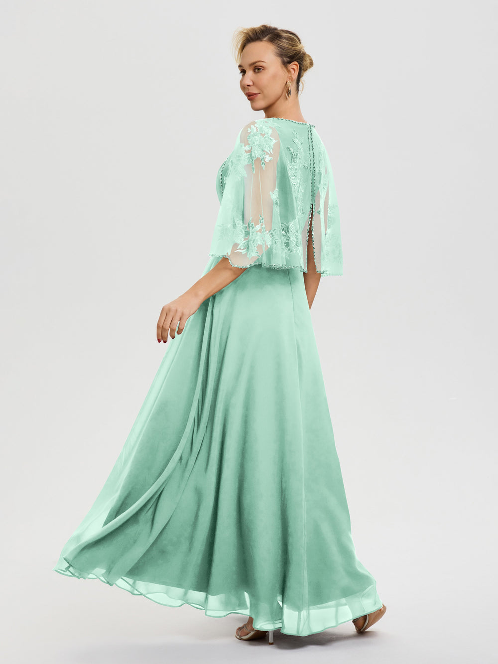 Mint Green Mother Of The Bride Dress Beaded Cape-Sleeve Jewel Neck Chi
