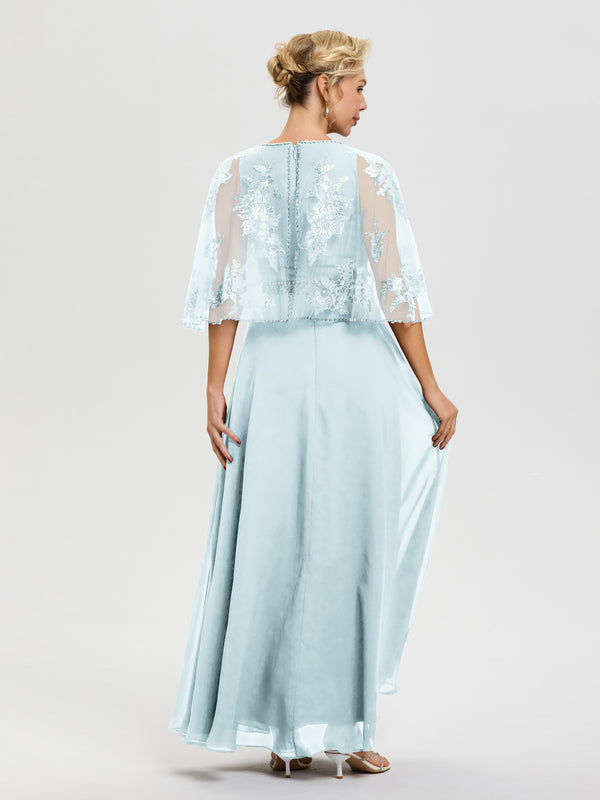 Light Mist Mother Of The Bride Dresses Beaded Cape-Sleeve Jewel Neck C