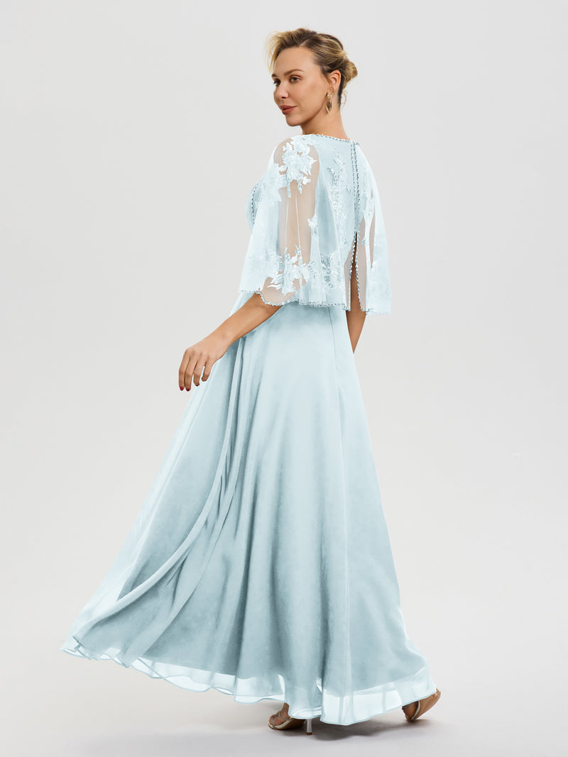 Light Mist Mother Of The Bride Dresses Beaded Cape-Sleeve Jewel Neck C