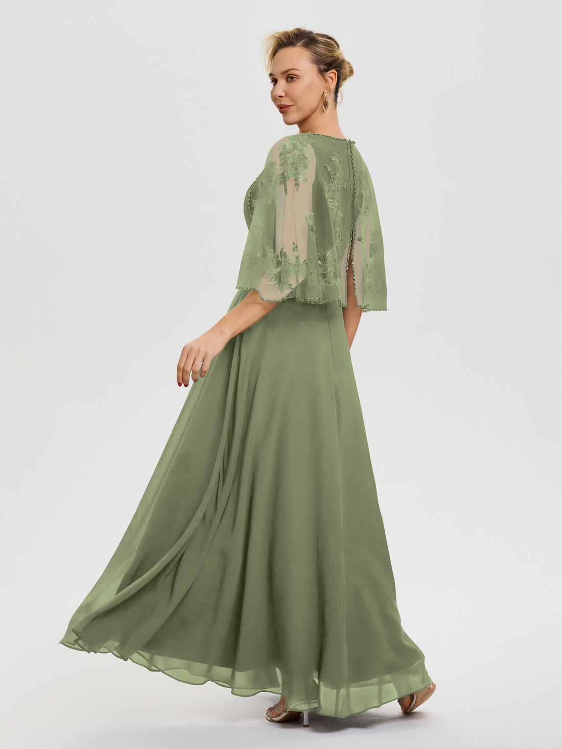 Light Olive Green Mother Of The Bride Dresses Beaded Cape-Sleeve Jewel