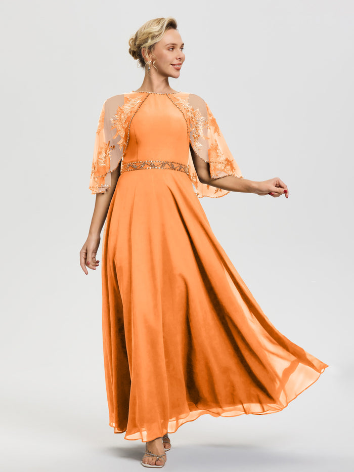 Mother Of The Bride Dress Orange Beaded Cape-Sleeve Jewel Neck Chiffon
