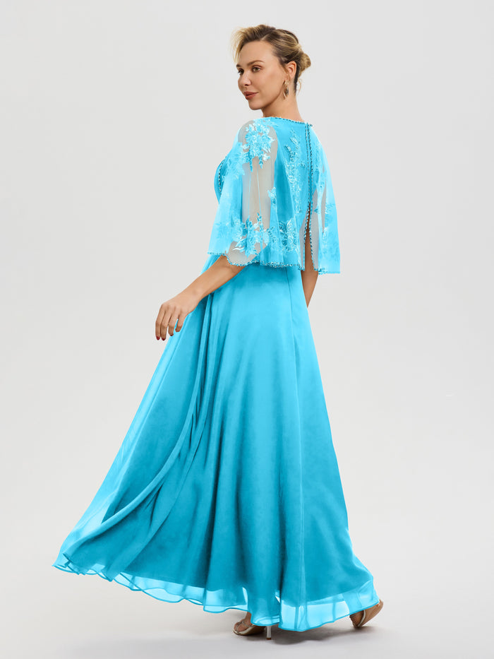 Pool Colored Mother Of The Bride Dresses Beaded Cape-Sleeve Jewel Neck