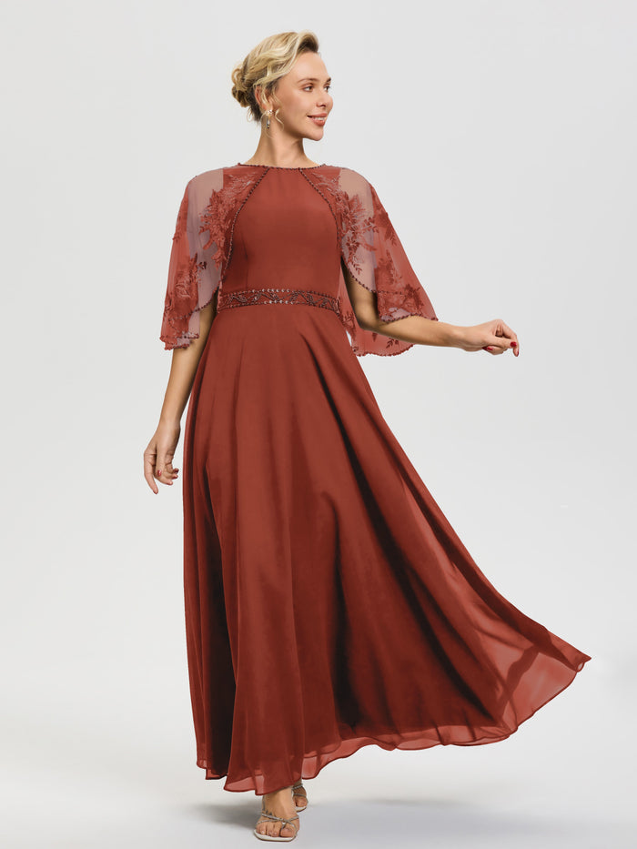 Mother Of The Bride Dresses In Rust Color Beaded Cape-Sleeve Jewel Nec