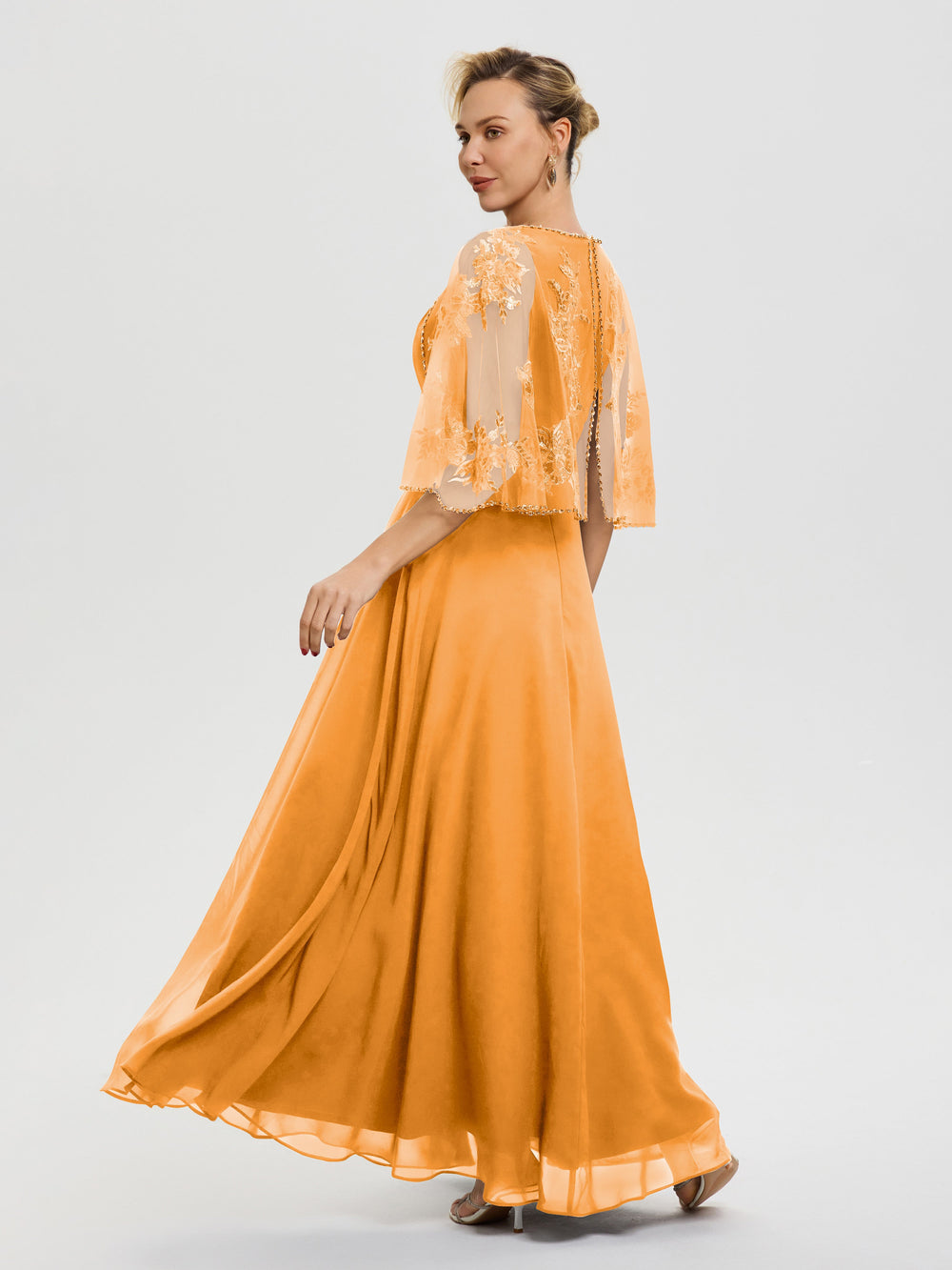 Mother Of The Bride Dress Tangerine Beaded Cape-Sleeve Jewel Neck Chif