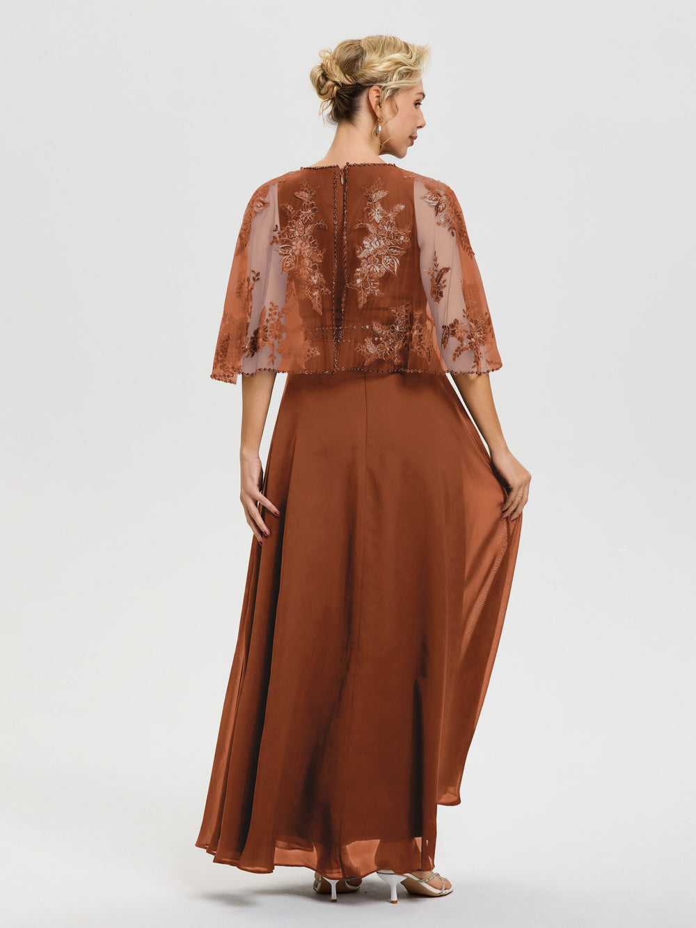 Terracotta Mother Of The Bride Beaded Cape-Sleeve Jewel Neck Chiffon M