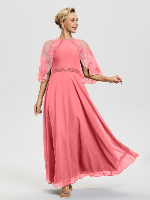 Watermelon Mother Of The Bride Dresses With Sleeves Beaded Cape-Sleeve