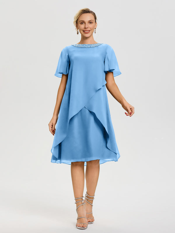 Blue Mother Of Bride Gown Jewel A-Line Short Sleeves Beading Knee Leng