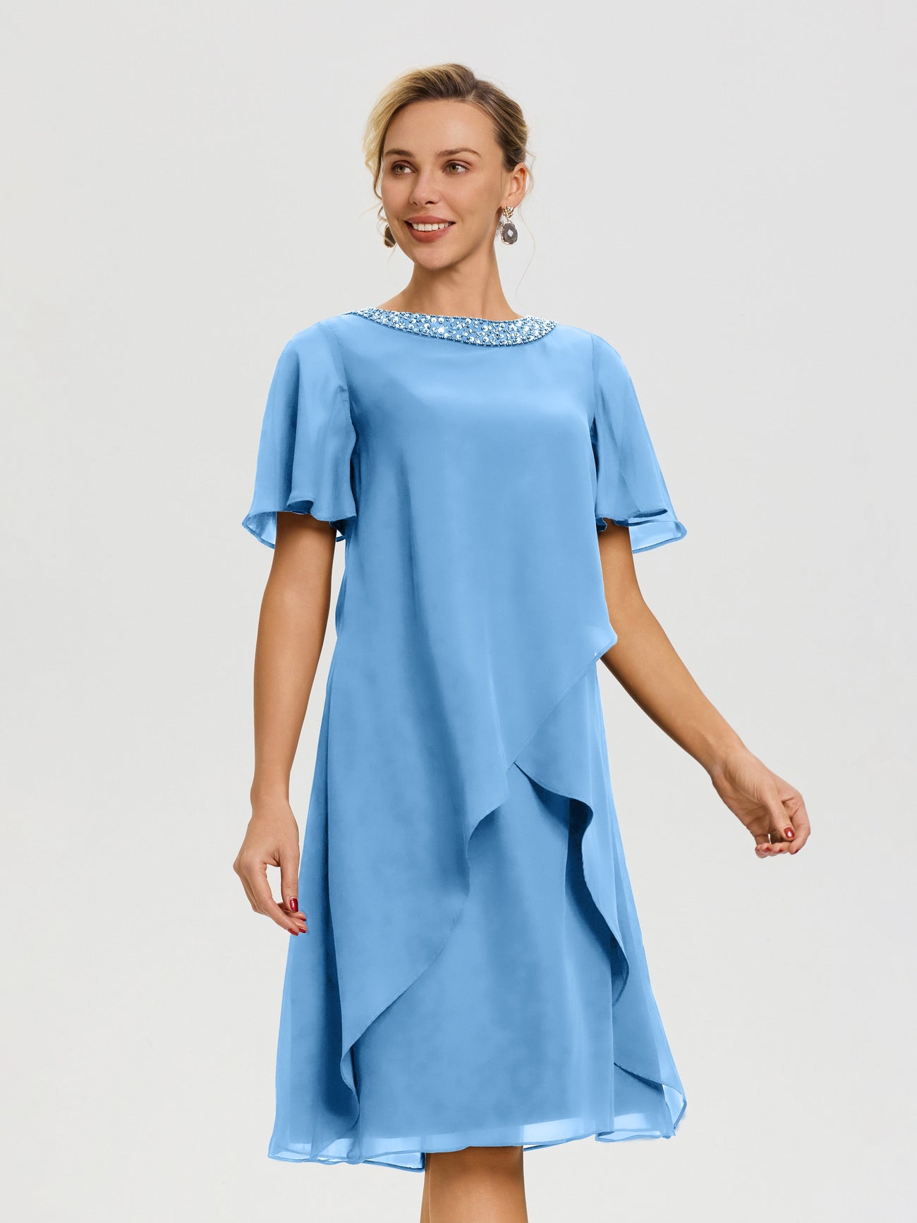 Blue Mother Of Bride Gown Jewel A-Line Short Sleeves Beading Knee Leng