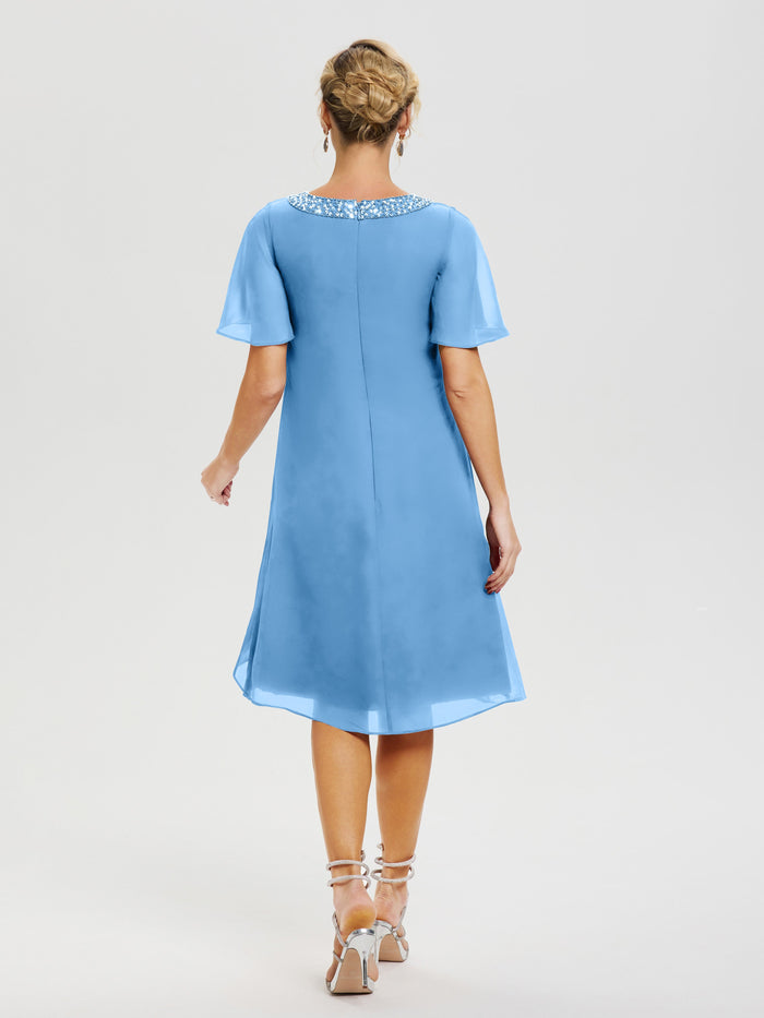 Blue Mother Of Bride Gown Jewel A-Line Short Sleeves Beading Knee Leng